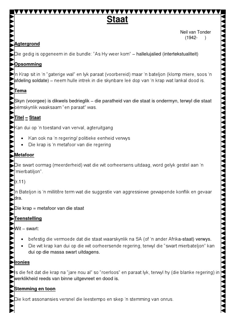 Staat Klas Opsomming - Afrikaanse Gedig | PDF