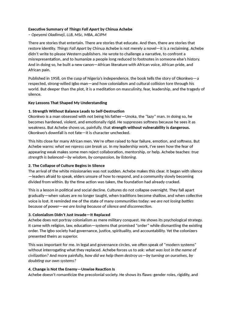 Executive Summary of Things Fall Apart by Chinua Achebe | PDF