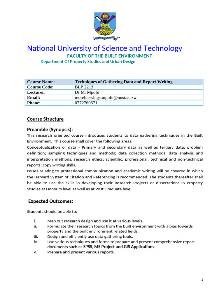 Techniques of Gathering Data and Report Writing BLP 2213 Course Outline ...