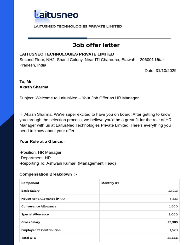 Job Offer for HR Manager at LaitusNeo | PDF | Private Law | Business Law
