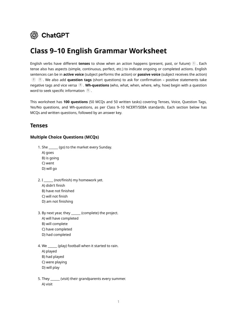 Class 9-10 English Grammar Worksheet | PDF | Grammatical Tense ...