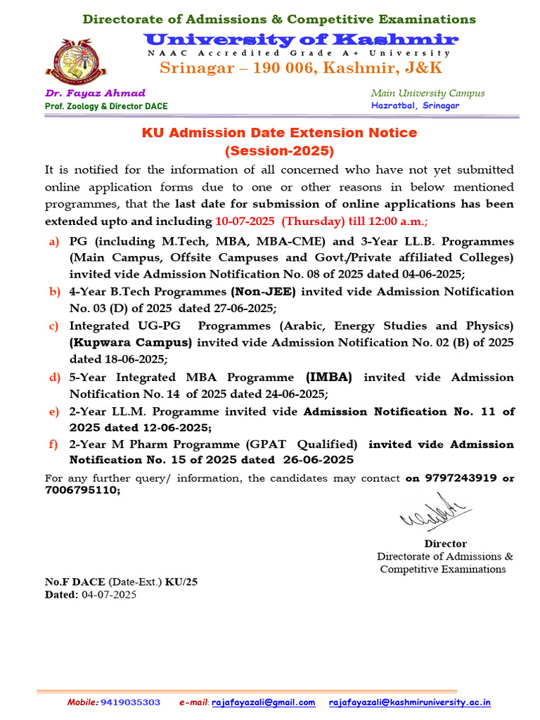 KU Admission Date Extension Notice 2025 | PDF