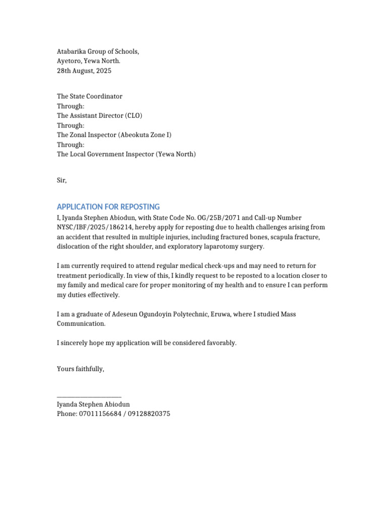 NYSC Reposting Application Due to Health Issues | PDF