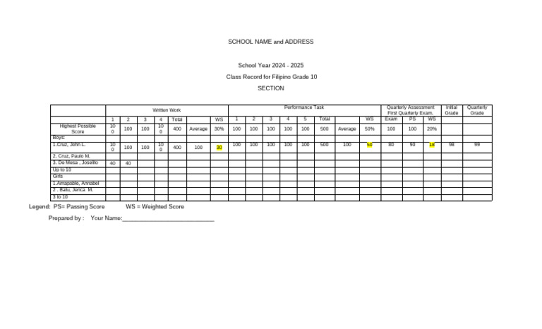 Template For Classrecord | PDF