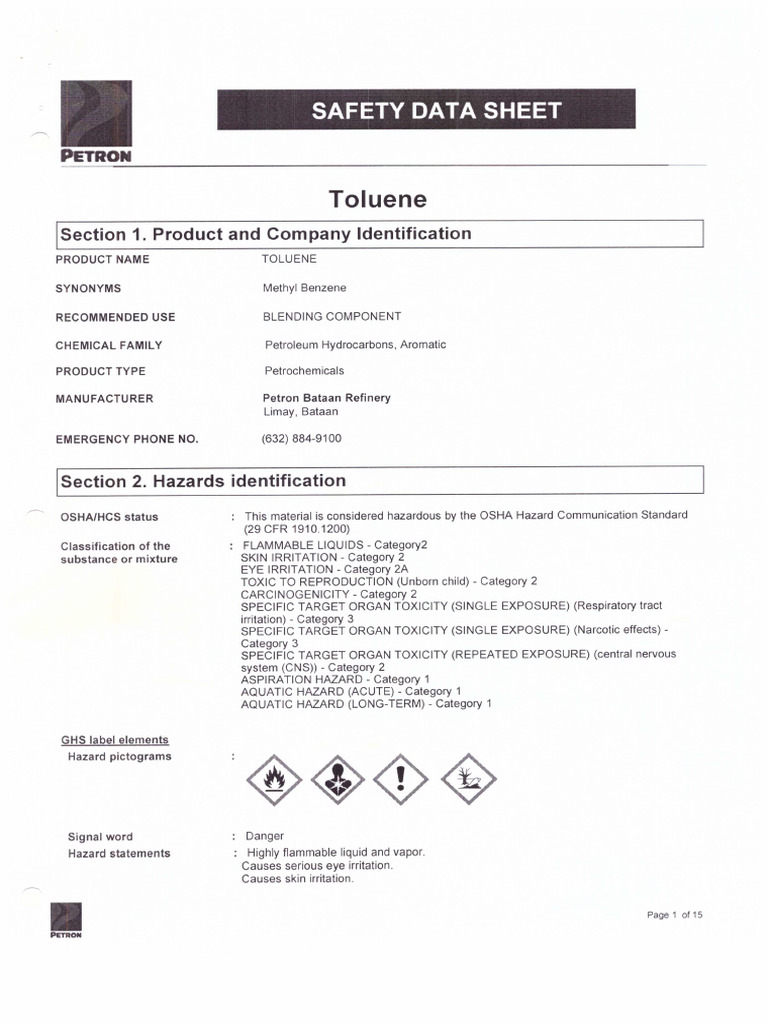 Msds Toluene | PDF