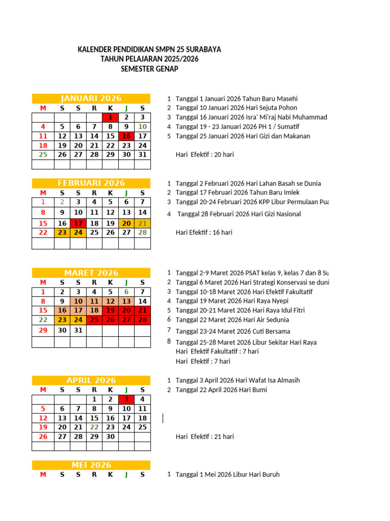 Kalender Pendidikan SMPN 25 Surabaya 2026 | PDF