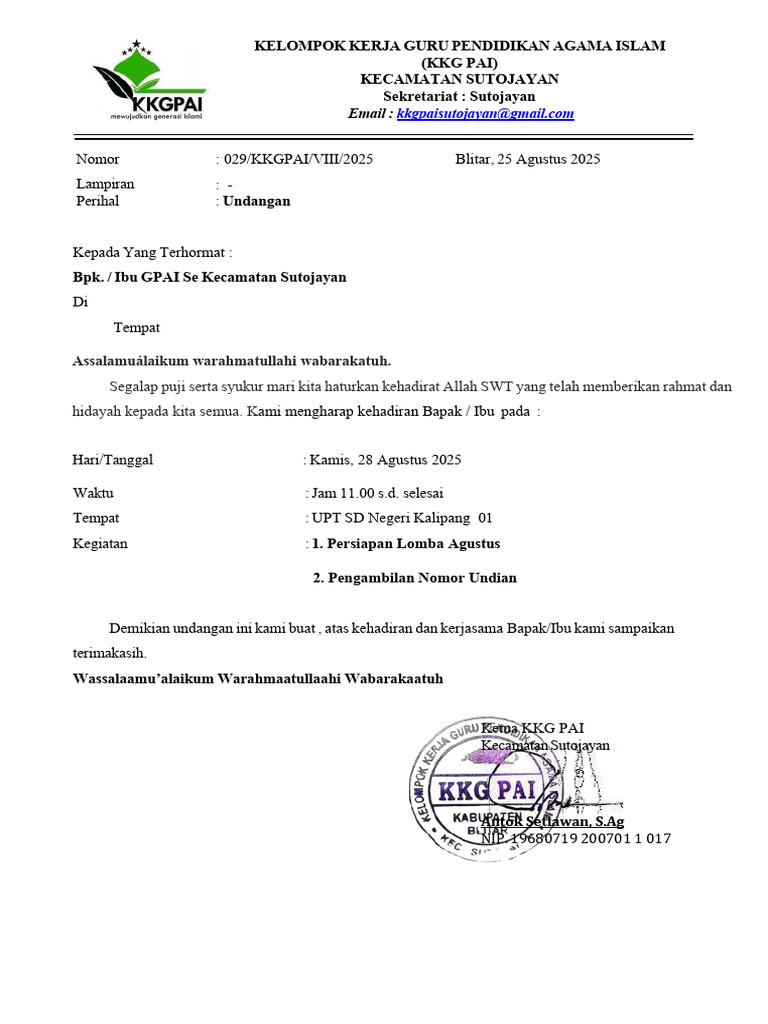 Undangan KKG Pai, 28 08 25 | PDF