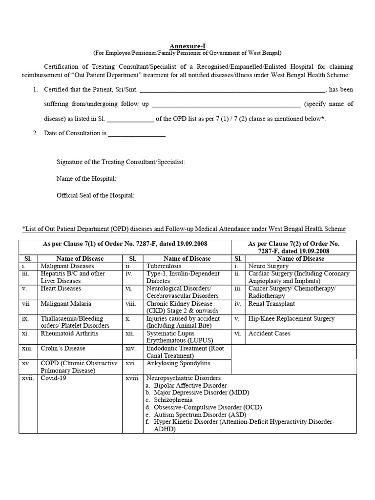 West Bengal OPD Treatment Reimbursement Form | PDF | Chronic Condition ...