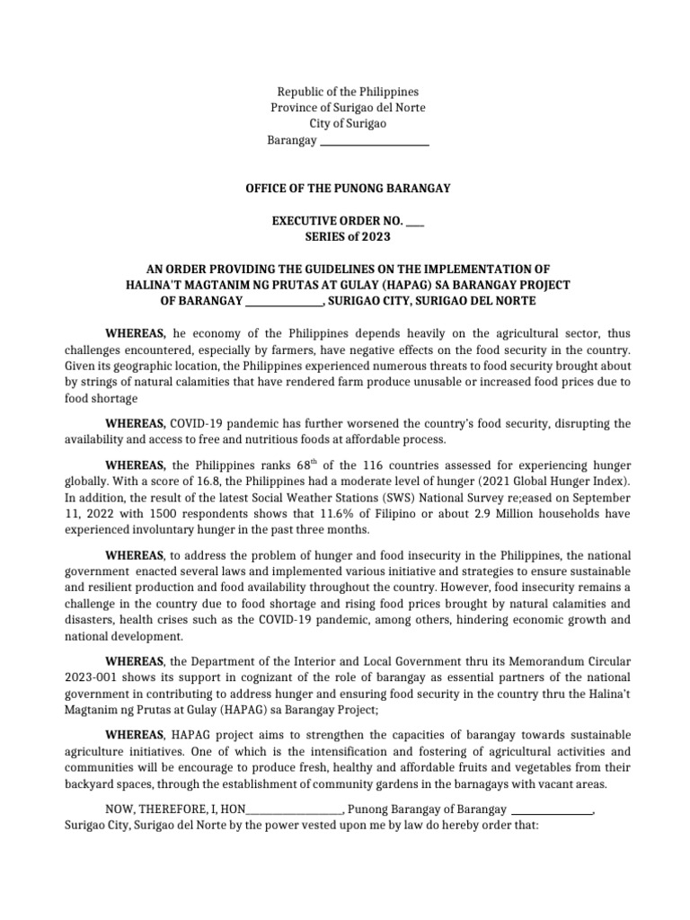 HAPAG Project Guidelines for Barangays | PDF | Food Security | Hunger