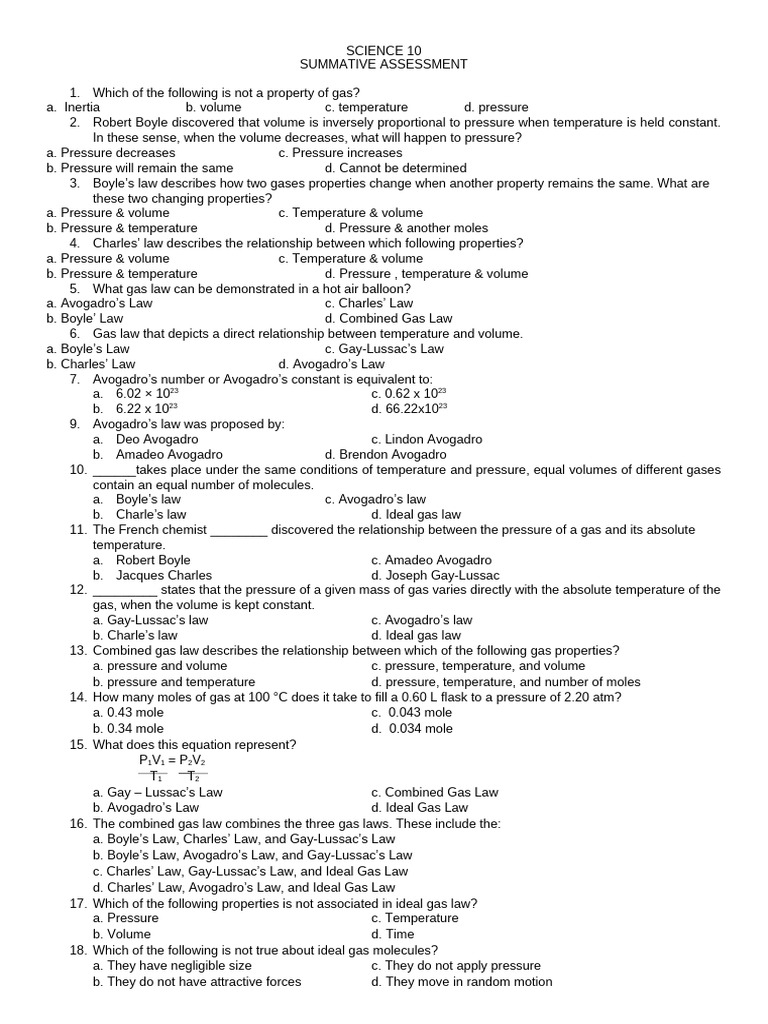 Gas Laws Assessment Questions | PDF | Gases | Temperature