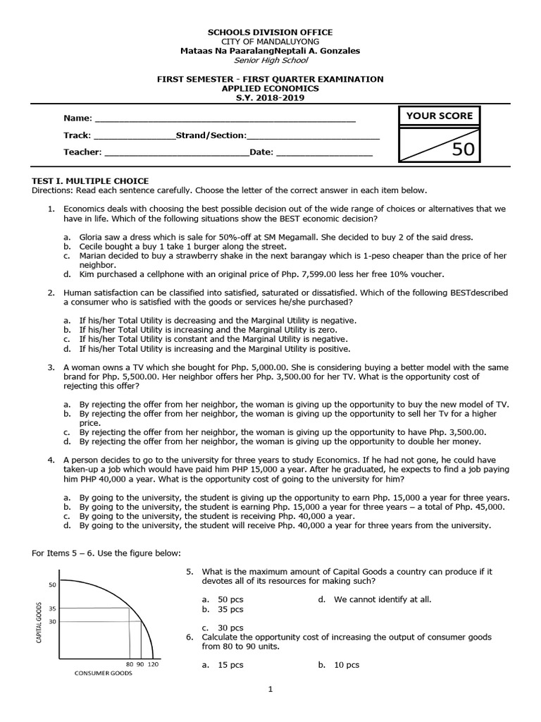 SHS Applied Eco First Quarter Assessment | PDF | Utility | Economics