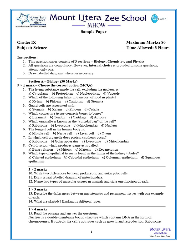 Grade 9 HY SCI 2025-26 Sample Paper | PDF | Mixture | Cell (Biology)