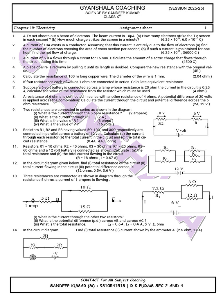 Class X Electricity Assignment Sheet | PDF | Series And Parallel ...