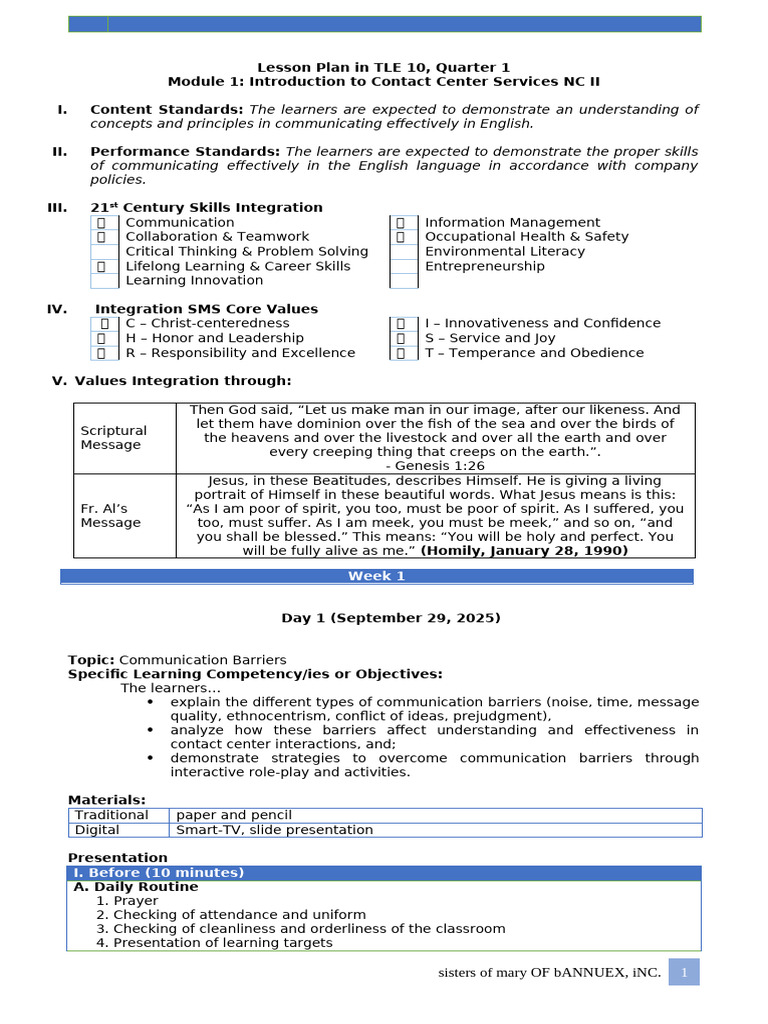 TLE 10 Lesson Plan: Communication Barriers | PDF | Learning | Communication
