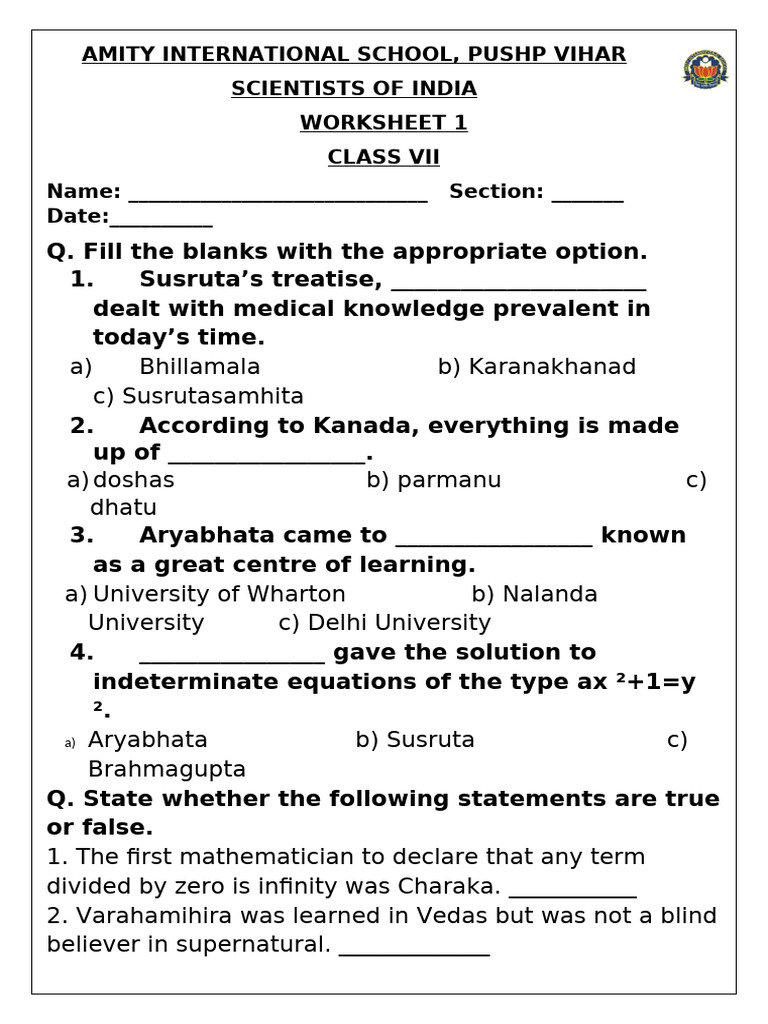 Class VII Worksheet on Indian Scientists | PDF