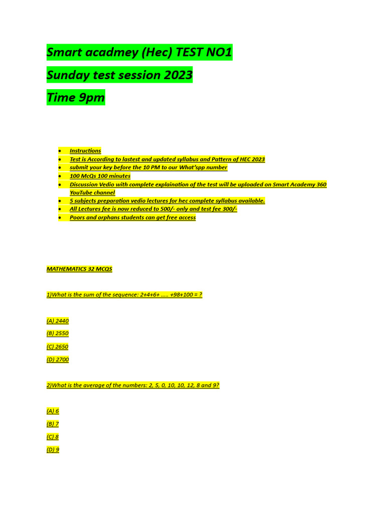 Smart Acadmey Sunday Test No 1 | PDF | Ratio | Mathematical Concepts