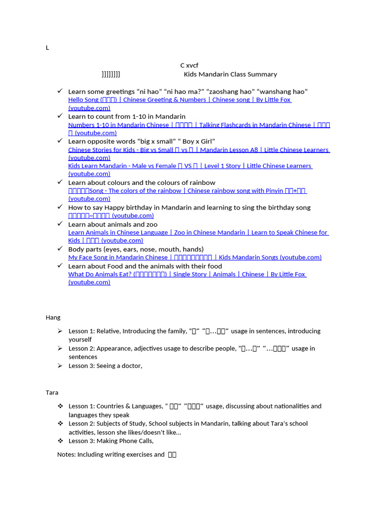 Kids Mandarin Class Overview | PDF