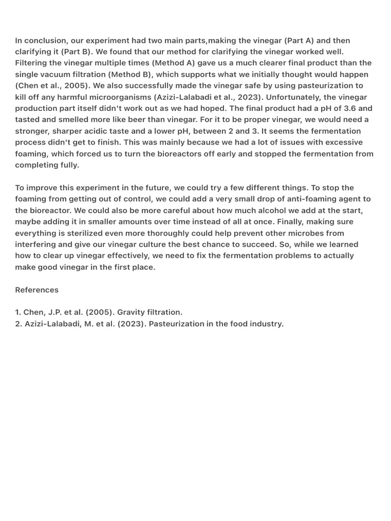 In Conclusion, Our Experiment Had Two Main Parts,Making the Vinegar… | PDF