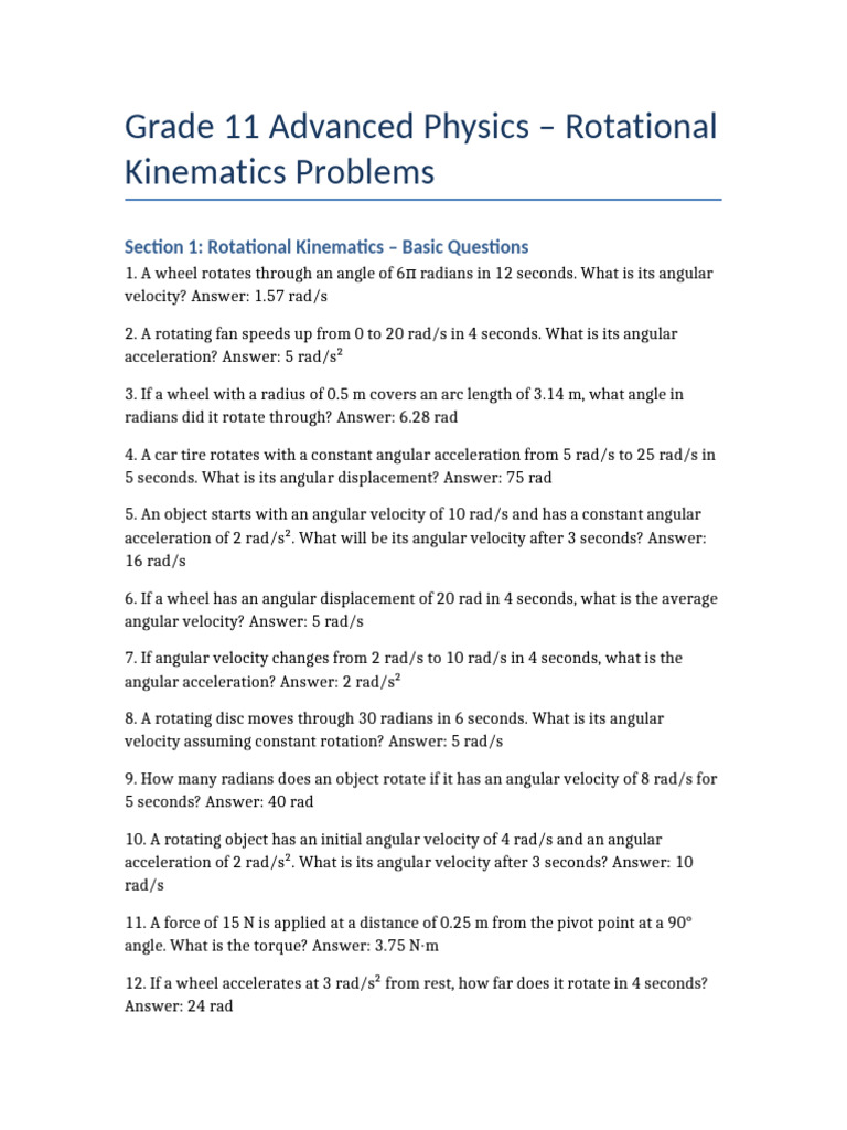 Grade 11 Physics: Rotational Kinematics Problems | PDF | Torque ...