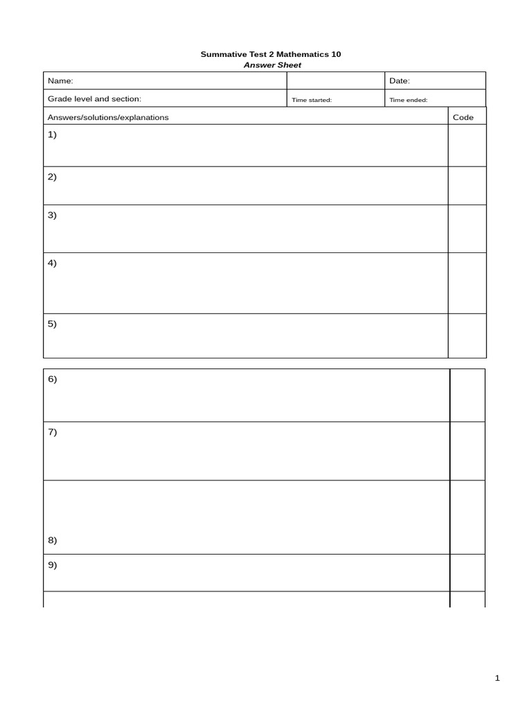 Summative Test Answer Sheet | PDF