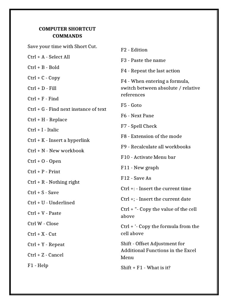 Essential Computer Shortcut Commands | PDF | Spreadsheet | Software ...