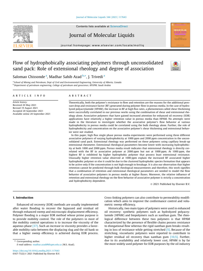 Flow of Hydrophobically Associating Polymers Through Unconsolidated ...