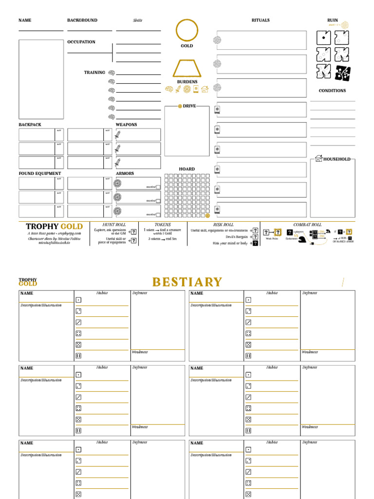 Trophy Gold Character Sheets A4 | PDF