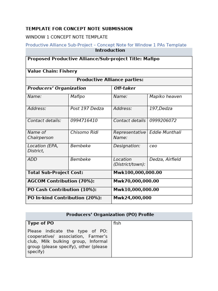 AGCOM 2 Window 1 Concept Note Application Template | PDF | Prices | Poultry