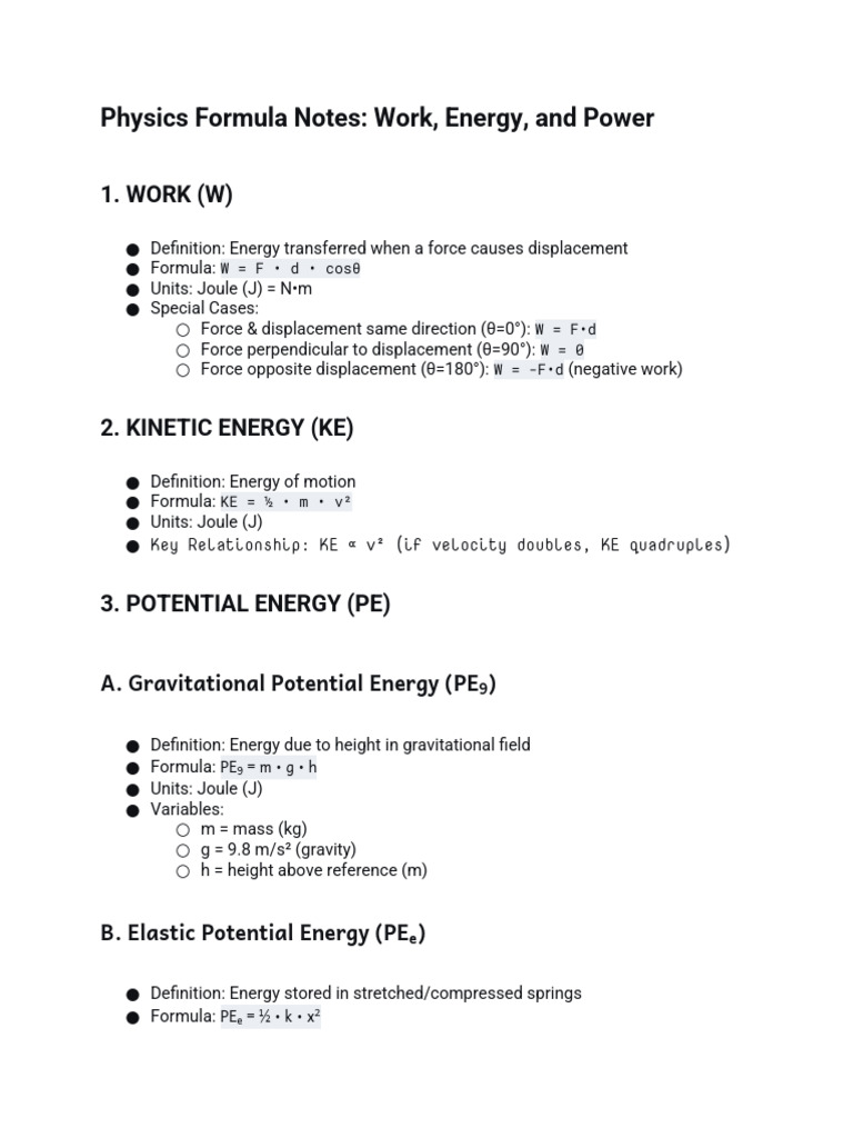 Energy Formulas: Work and Power | PDF | Force | Potential Energy