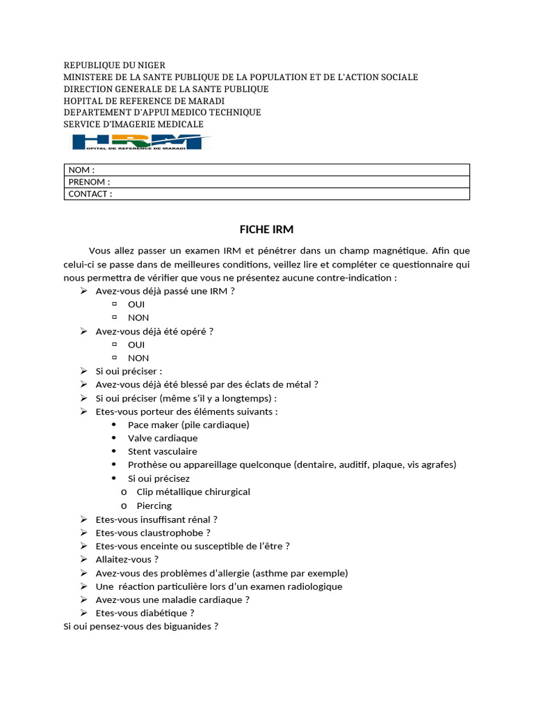 Questionnaire Pré-IRM à Maradi | PDF | Imagerie par résonance ...