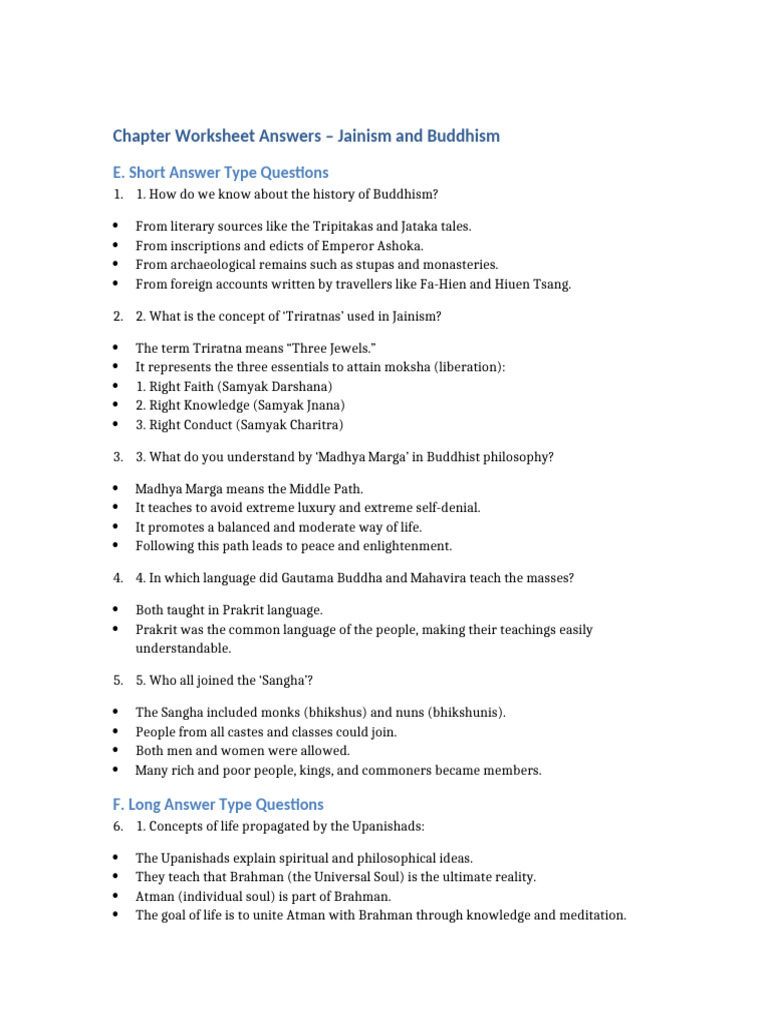 Jainism and Buddhism Worksheet Answers | PDF | Noble Eightfold Path ...
