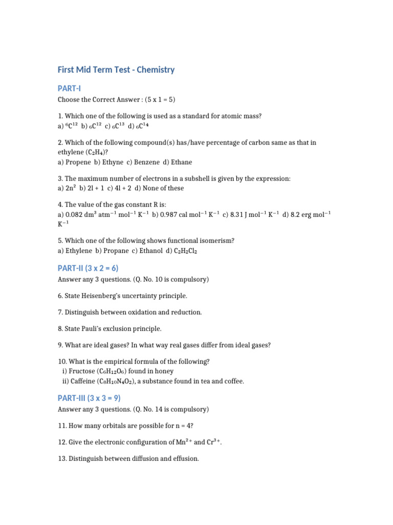 Chemistry Midterm Test Questions | PDF