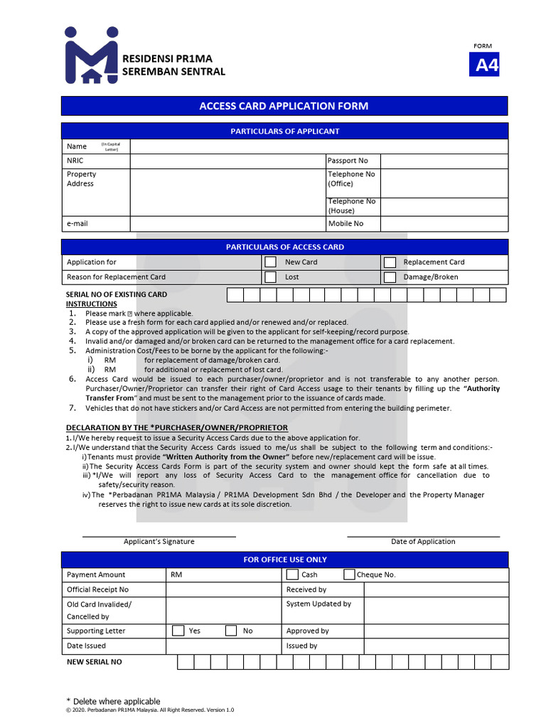PR1MAFM-SOP - Form A4.Access Card Application | PDF | Leasehold Estate ...