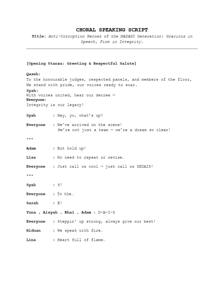 Choral Speaking Scirpt 2025 (1) | PDF | Integrity