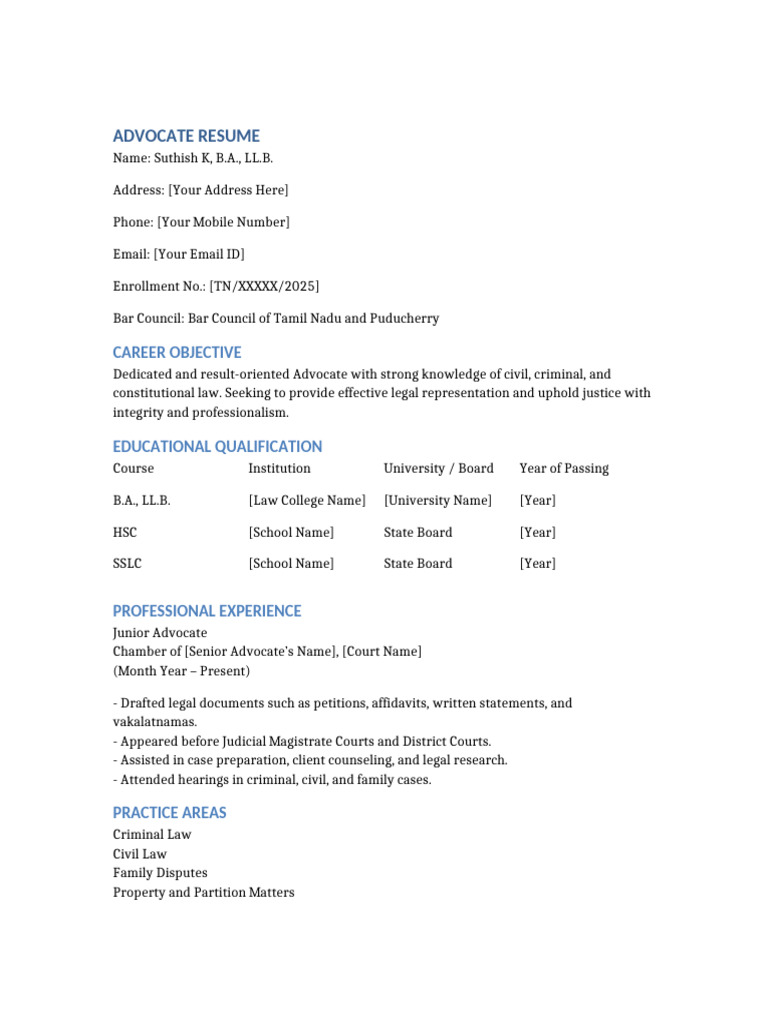 Advocate Resume SuthishK | PDF