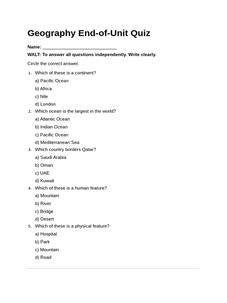 Geography End of Unit Quiz | PDF