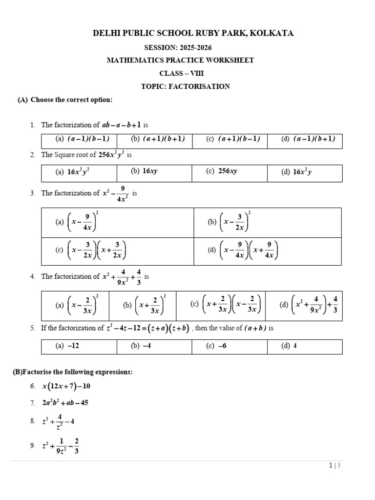 Factorisation Revision Worksheet 2025-26 Class 8 | PDF | Mathematics ...