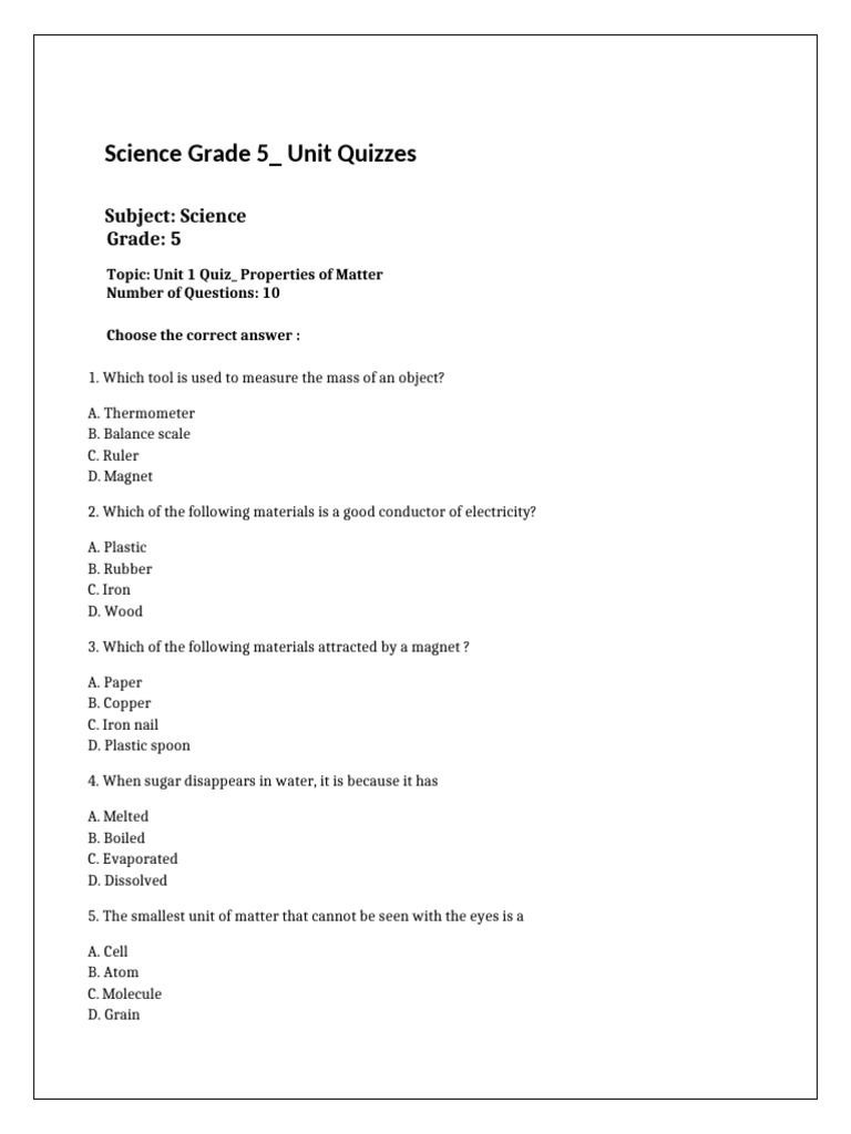 Grade 5 Science Unit Quizzes | PDF | Planets | Earth
