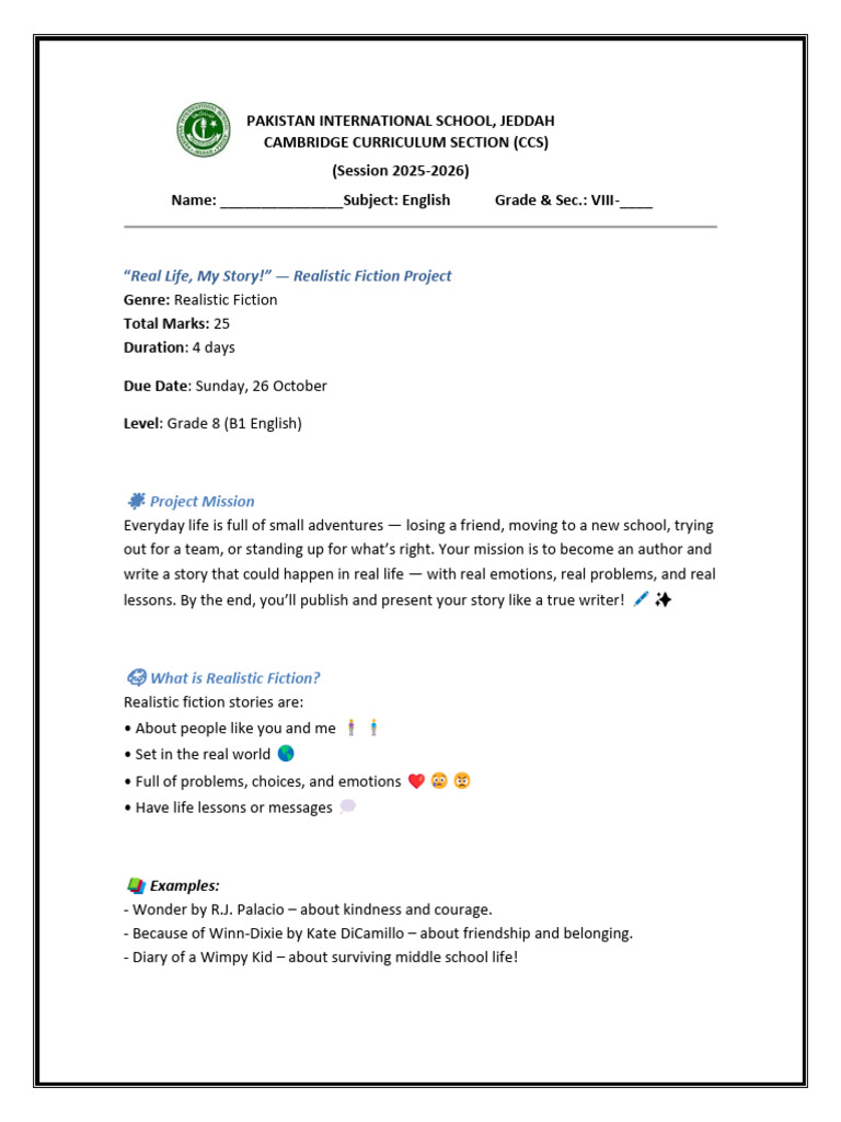 G8 ENGLISH GRADED Realistic - Fiction - Project | PDF
