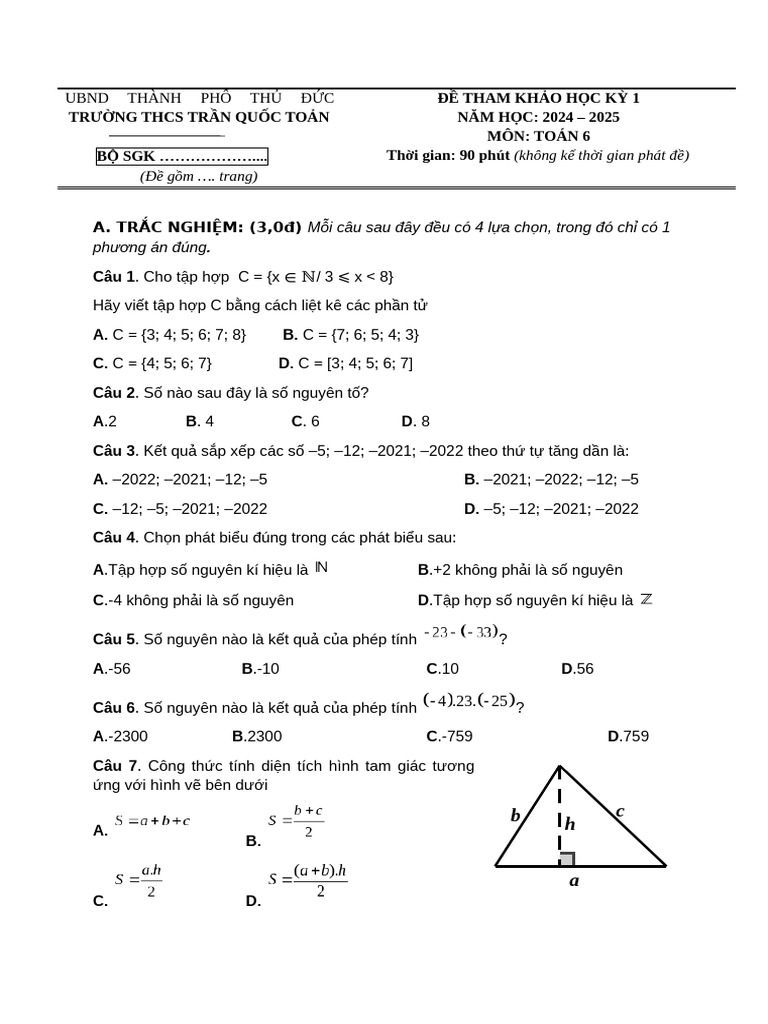 TQT ĐỀ THAM KHẢO KT HK1 TOÁN 6 (24-25) - Phụng Trần | PDF
