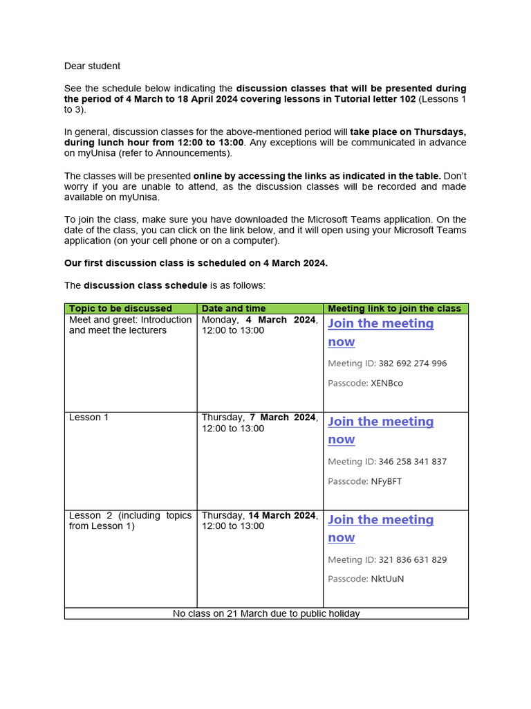 Discussion Classes - 2024 - TL102 - 4 March To 18 April 2024 | PDF