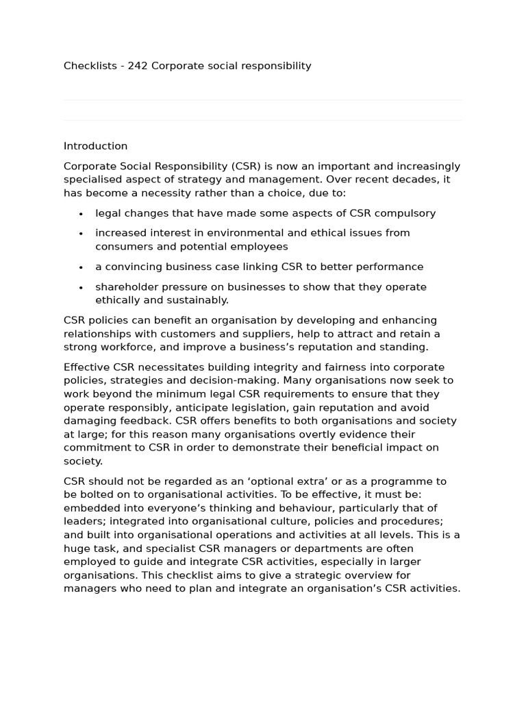 Corporate Social Responsibility Checklist | PDF | Corporate Social ...