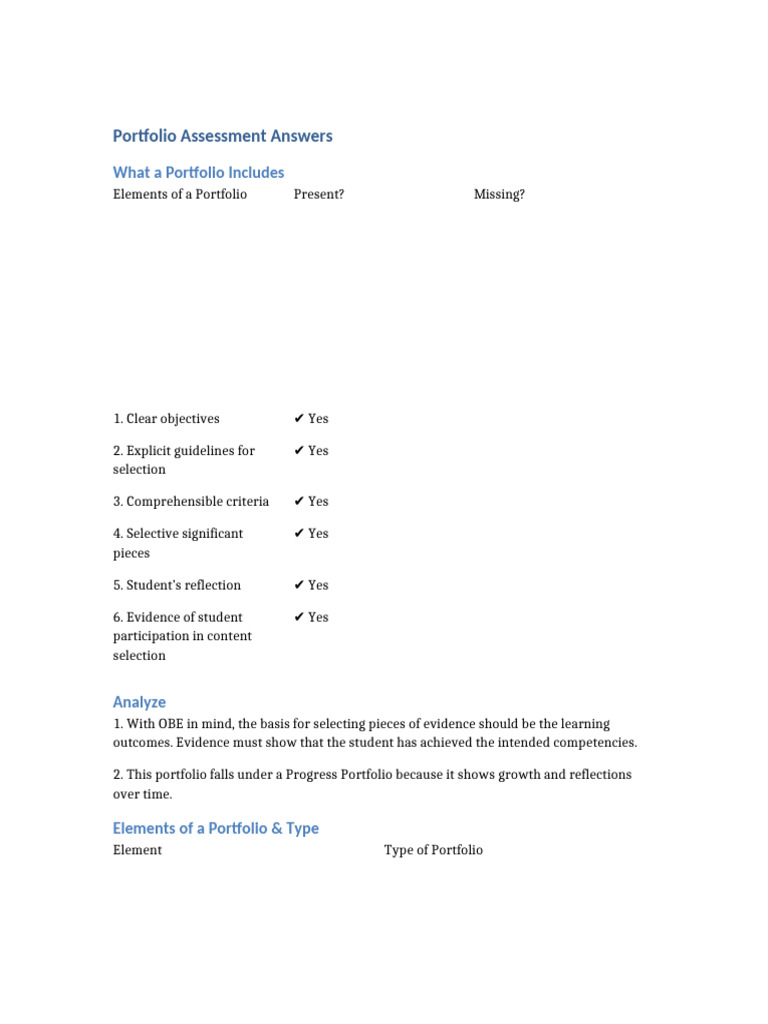 Essential Elements of Portfolio Assessment | PDF