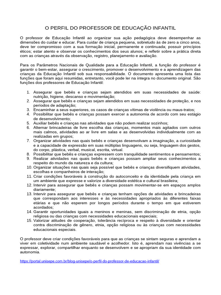 O Perfil Do Professor de Educação Infantil | PDF | Pedagogia | Aprendizado