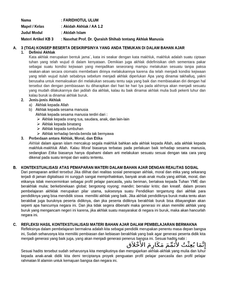 ANALISIS KB 3-NASEHAT PROF. DR. QURAISH SHIHAB TENTANG AKHLAK MANUSIA ...