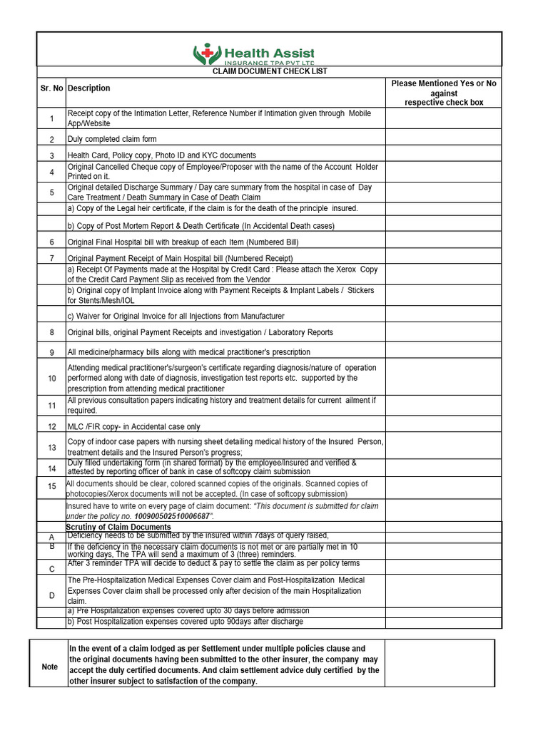 Claim Document Checklist for Insurance | PDF | Receipt | Payments
