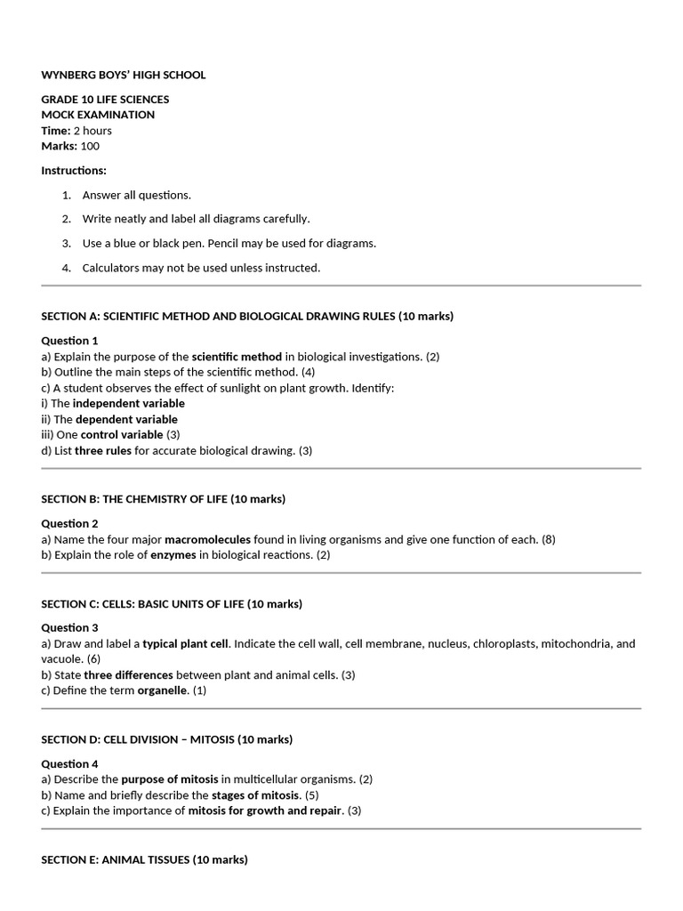 Life Sciences Test Final Exam | PDF | Tissue (Biology) | Leaf