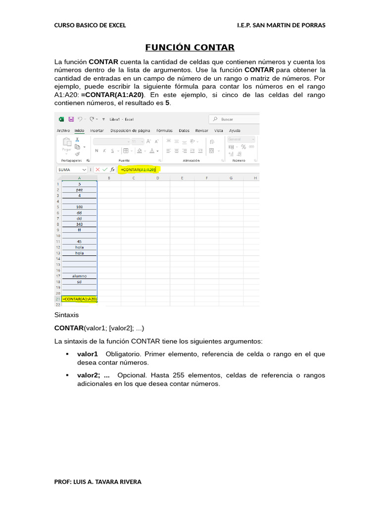Función CONTAR en Excel: Guía Básica | PDF