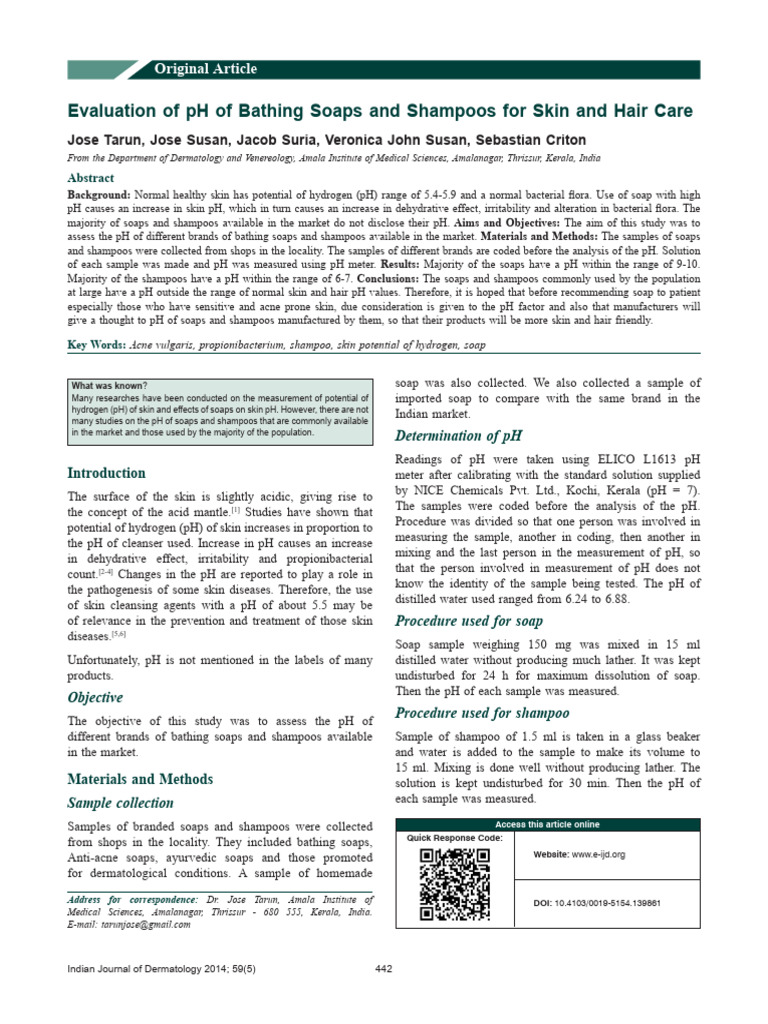pH Evaluation of Soaps and Shampoos in India | PDF | Ph | Shampoo