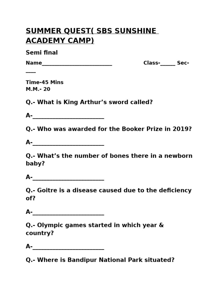 Summer Quest (Sbs Sunshine Academy Camp) | PDF
